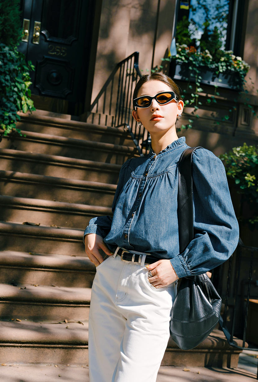 Petite Studio's Bethany Denim Blouse in Indigo - Petite Clothing for Women