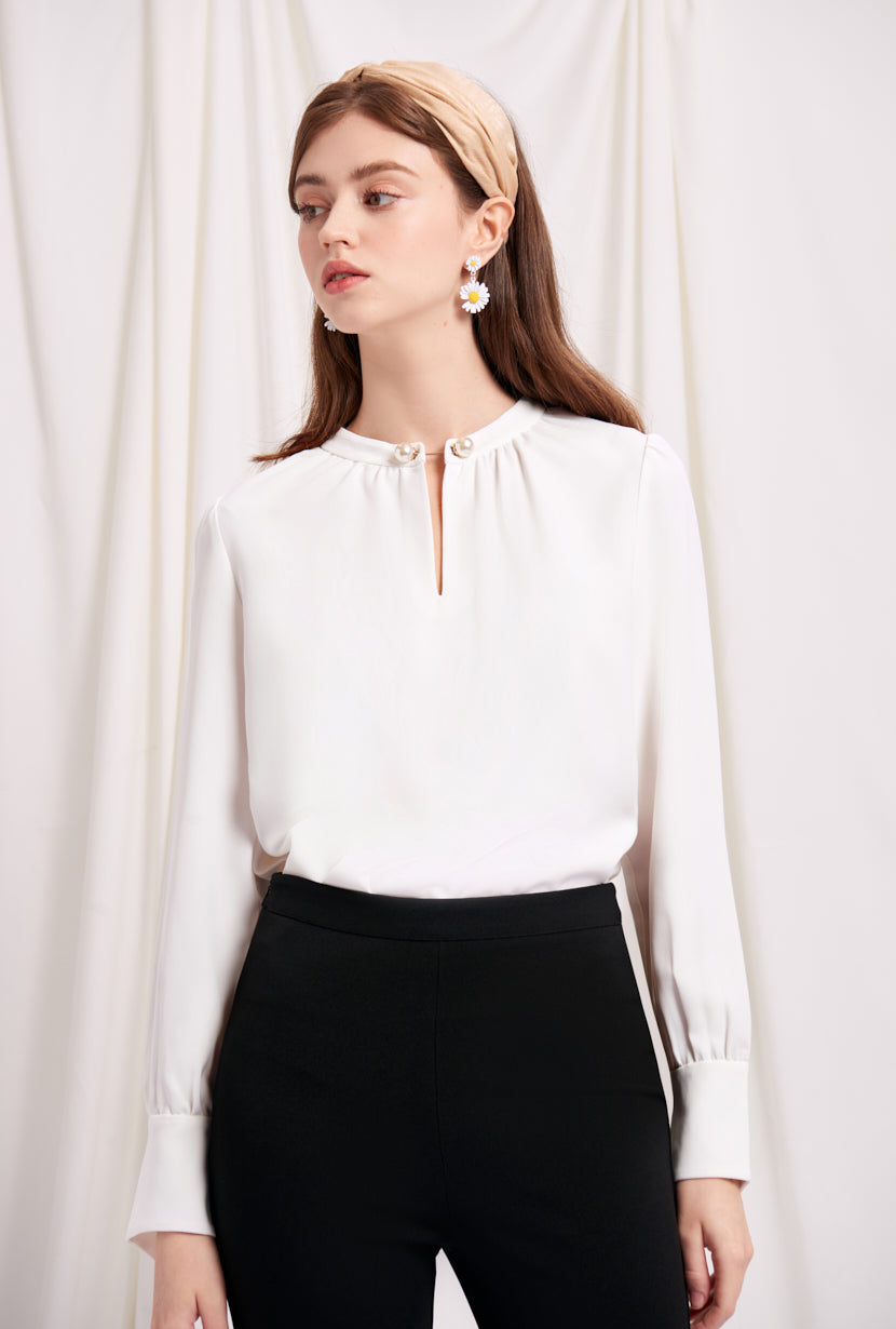 Petite Studio's Buvette Pearl Blouse in Ivory - Petite Clothing for Women